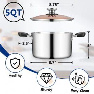 TeamFar 5 Quart Stock Pot, Stainless Steel Tri-ply Stockpot Cooking Pasta Soup Pot with Lid for Induction Gas Electric, Non-toxic & Heavy Duty, Heat Resistant Handles & Dishwasher Safe