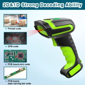 Symcode Wireless Charging Barcode Scanner, 1D/2D/DPM Symbologies, Global Shutter Scan Sensor, Long-Distance 433MHz Wireless & Bluetooth, Industrial Shock and Dust-Proof Barcode Reader, Green