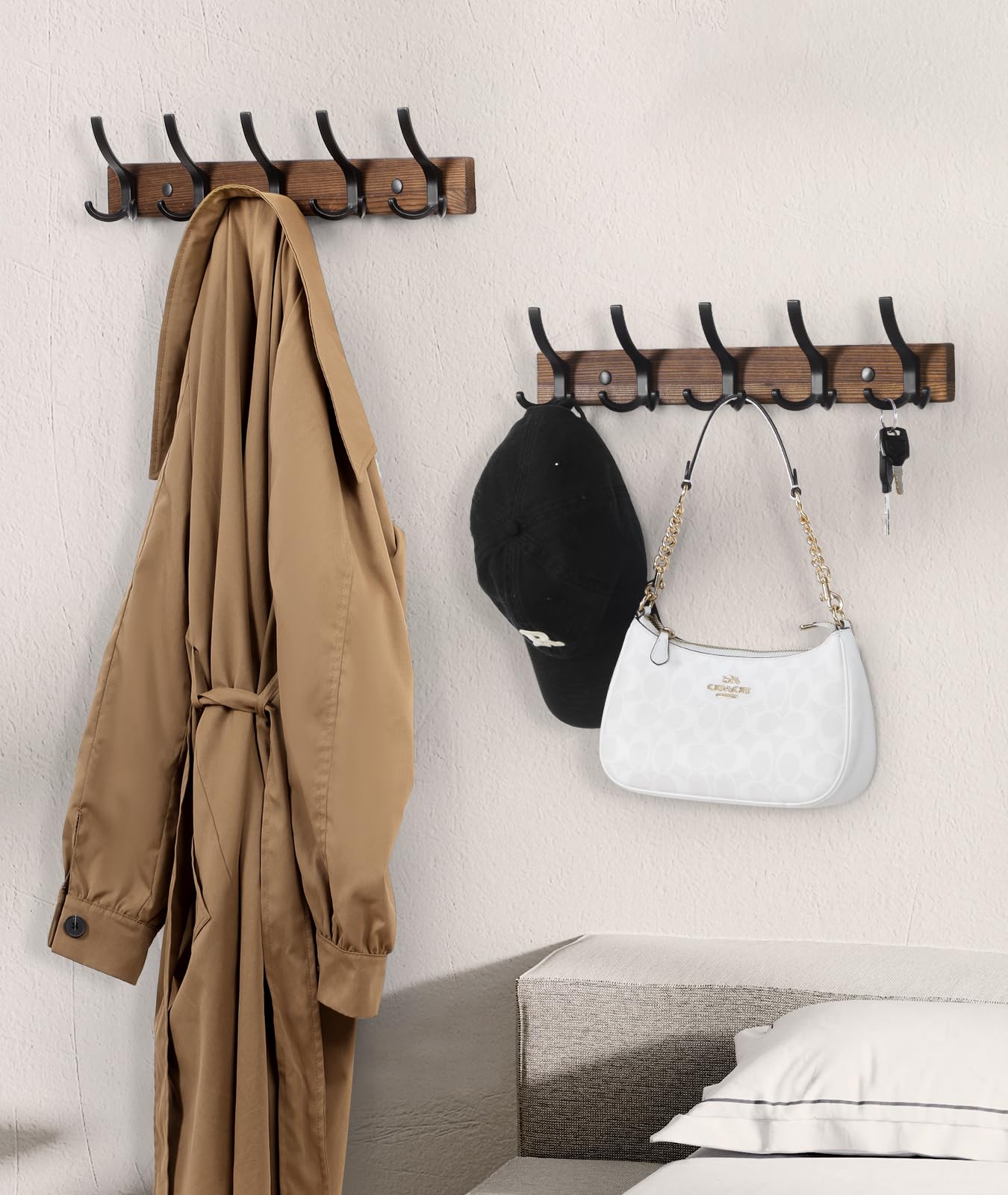 Optish Coat Rack Wall Mount for Entryway, Coat Hanger Wall Mount with 5 Black Tri-Hooks, Wooden Wall Coat Rack with Hooks for Coats, Hats, Towels, Umbrellas,2 Pack