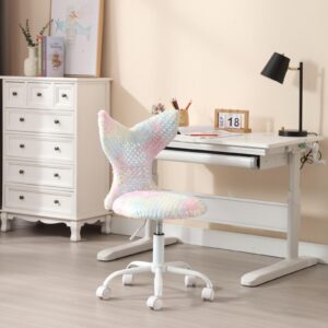 DAYALANE Faux Fur Kids Desk Chair with Wheels, Cute Mermaid Chair Armless Adjustable Task Office Chair, Upholstered Vanity Chair for Girls Teen Study Chair Swivel Chair, Light Rainbow