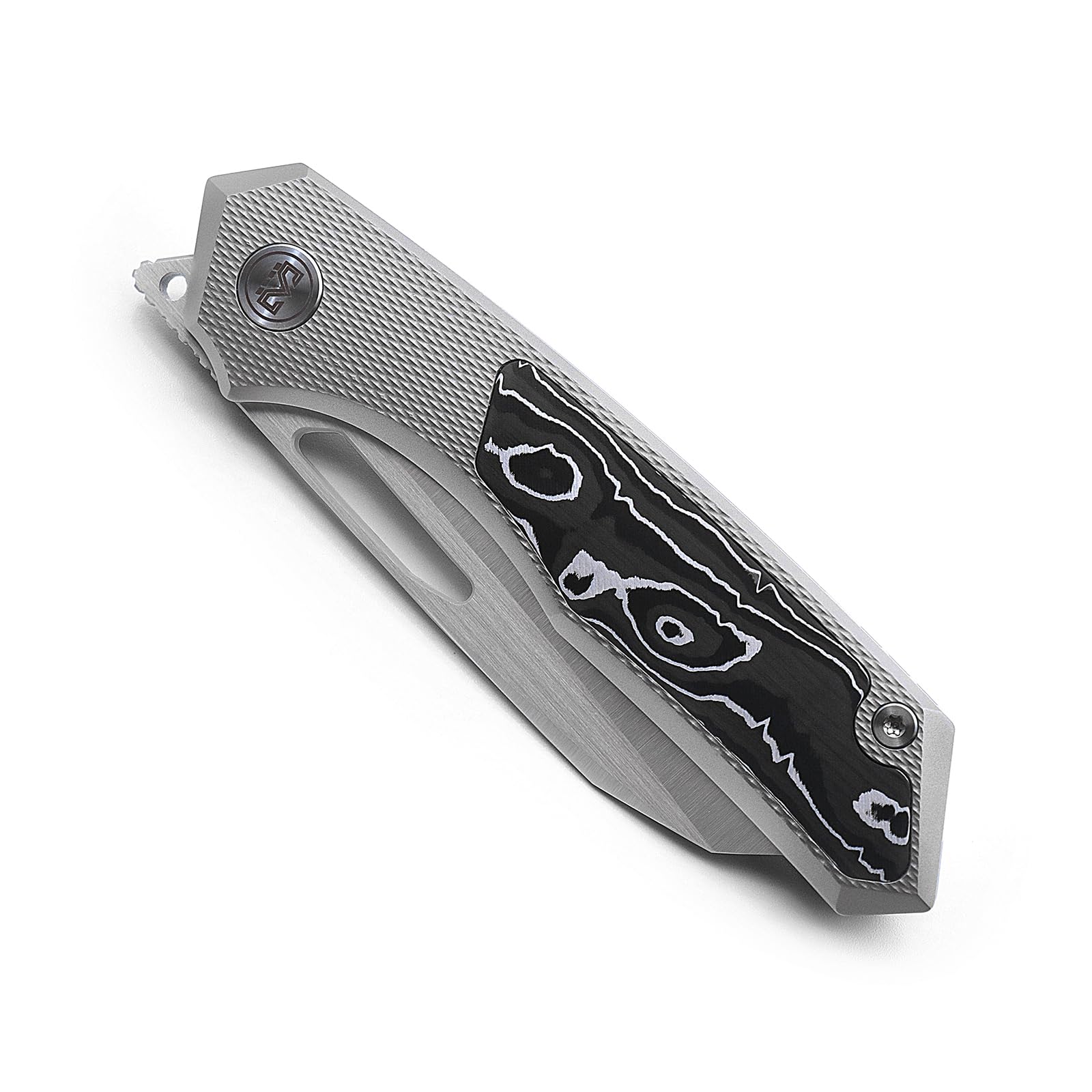 Miguron Knives M Keryx II Front Flipper Folding Knife 3.18" Hand Ground Rubbed Satin M390 Blade Titanium With Silver Carbon Fiber Inlay Handle Pocket Knife MGR-605CSRII