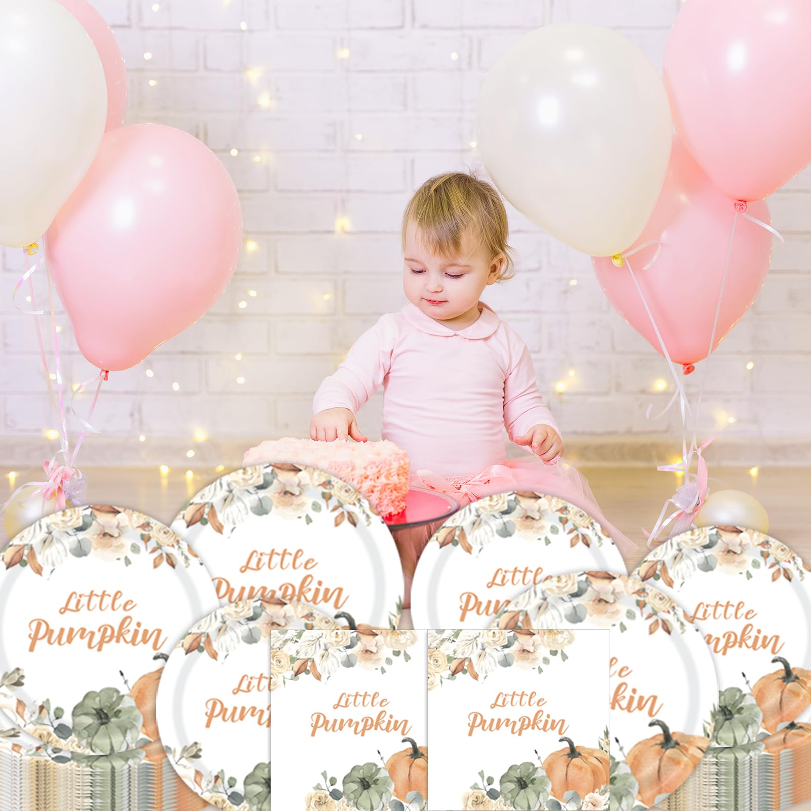 96 PCS Little Pumpkin Baby Shower Tableware Sets Party Decorations Fall Autumn Pumpkin Paper Plates Napkins Forks Pumpkin Floral Birthday Party Supplies for 24 Guests