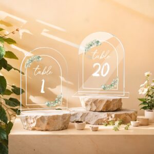 zcptz acrylic wedding table number 1-20 with stand,5" x 7" clear arch acrylic table numbers sign and holder sign place cards perfect for wedding centerpiece, party, anniversary, event