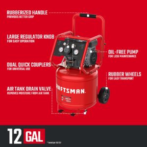 CRAFTSMAN Air Compressor 12 Gallon Ultra Quiet Oil-Free 1.5 HP Max 150 PSI Vertical Tank Portable Air Compressor