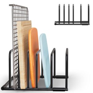 cutting board organizer rack- metal black holder stand for cutting boards, baking sheets, cookie pans, cooling small racks storage stand and bakeware for kitchen cabinet countertop bakeware organizer