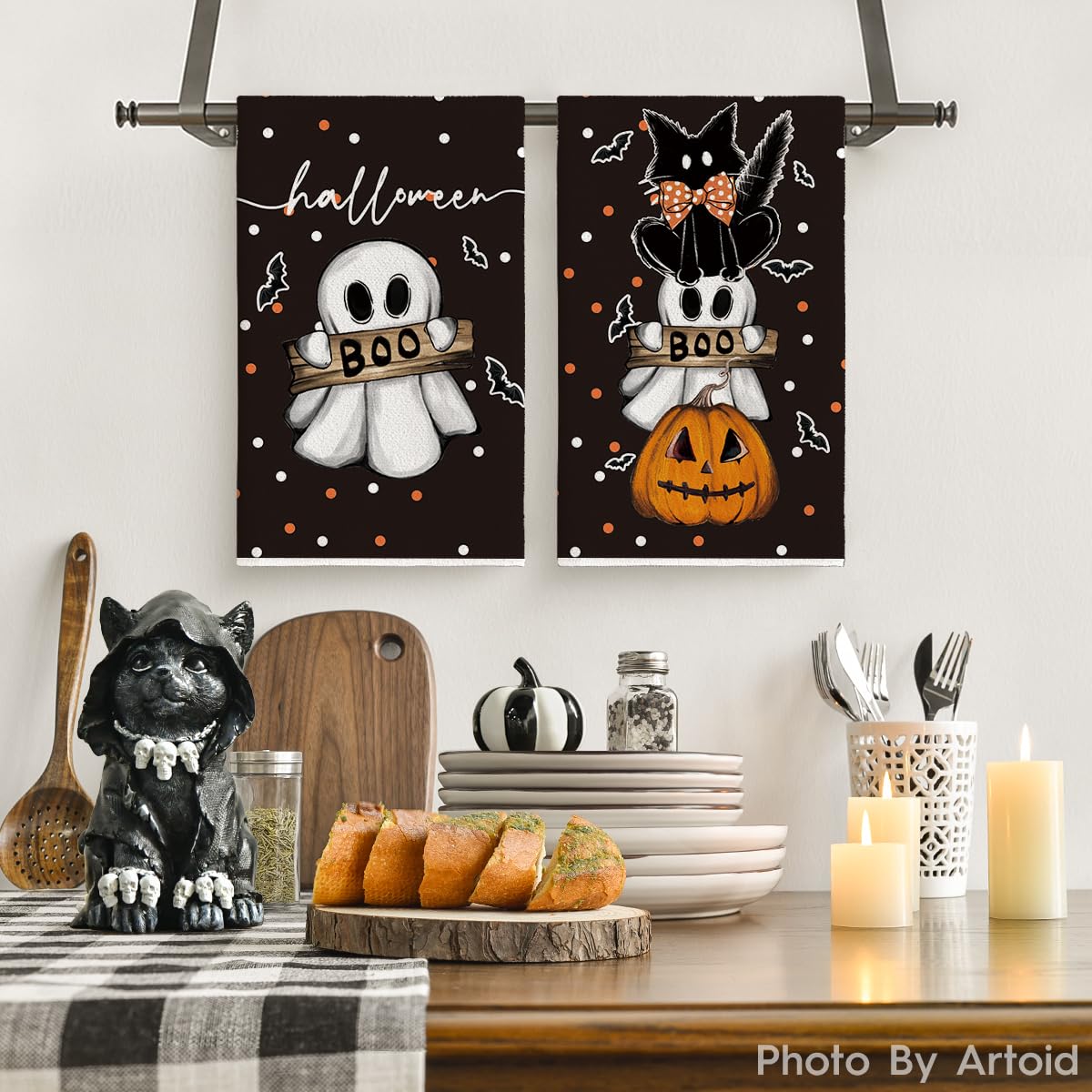 Artoid Mode Black Cat Pumpkin Ghost Halloween Kitchen Towels Dish Towels, 18x26 Inch Bats Jack-O'-Lantern Decoration Hand Towels Set of 2