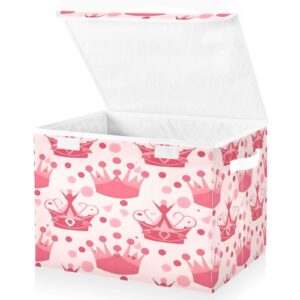 DALAWU Containers Baskets with Lids Crown Pink Background Fabric Foldable Storage Bins Organizer with Lid Collapsible Storage Boxes for Home Bedroom Closet Office