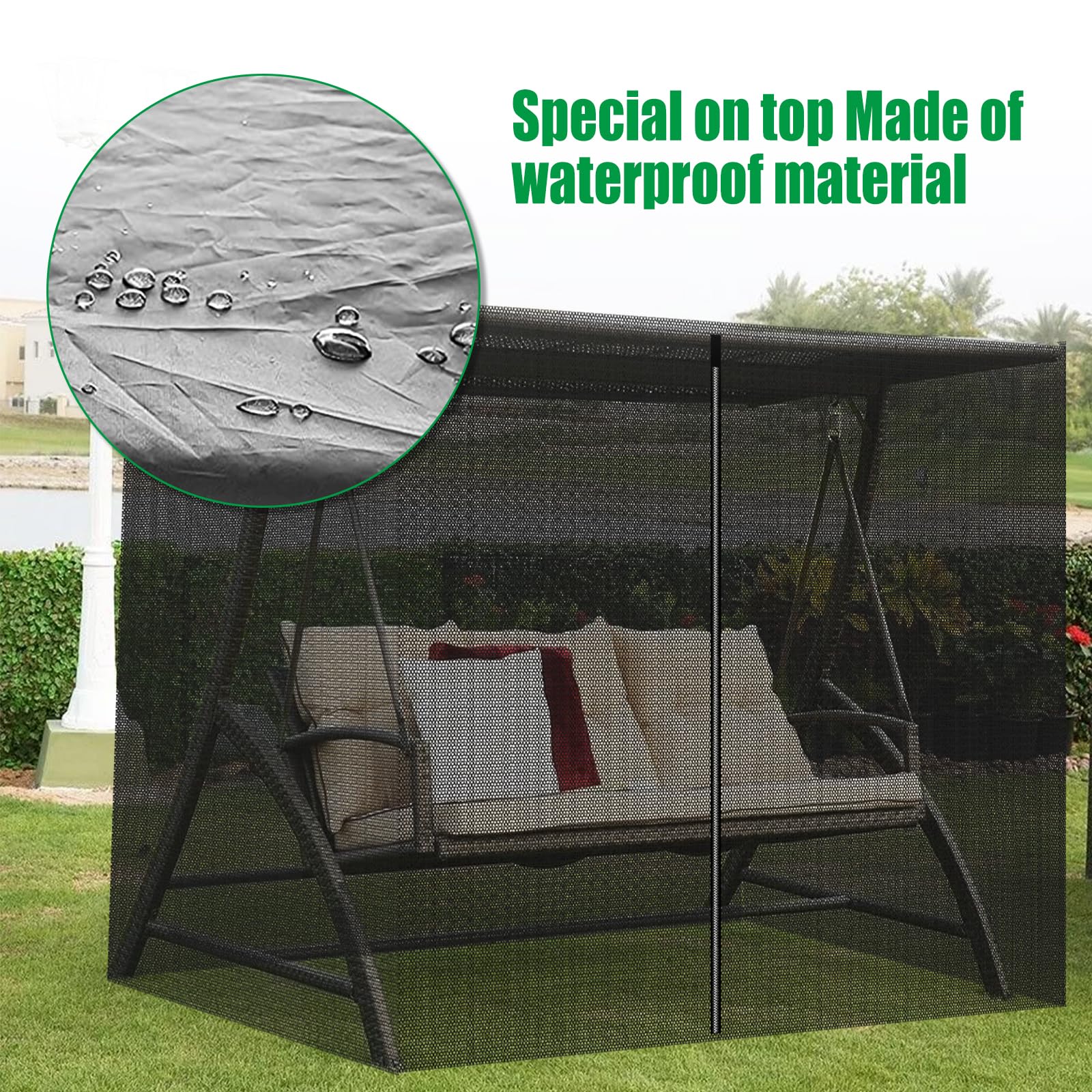 Yuqutum Patio Swing Mosquito Netting, Mosquito Netting for Patio, Mesh Screen with Zipper Opening and Roof Waterproof Tent, Porch Swing Net, 3 Seater 125x185x205cm