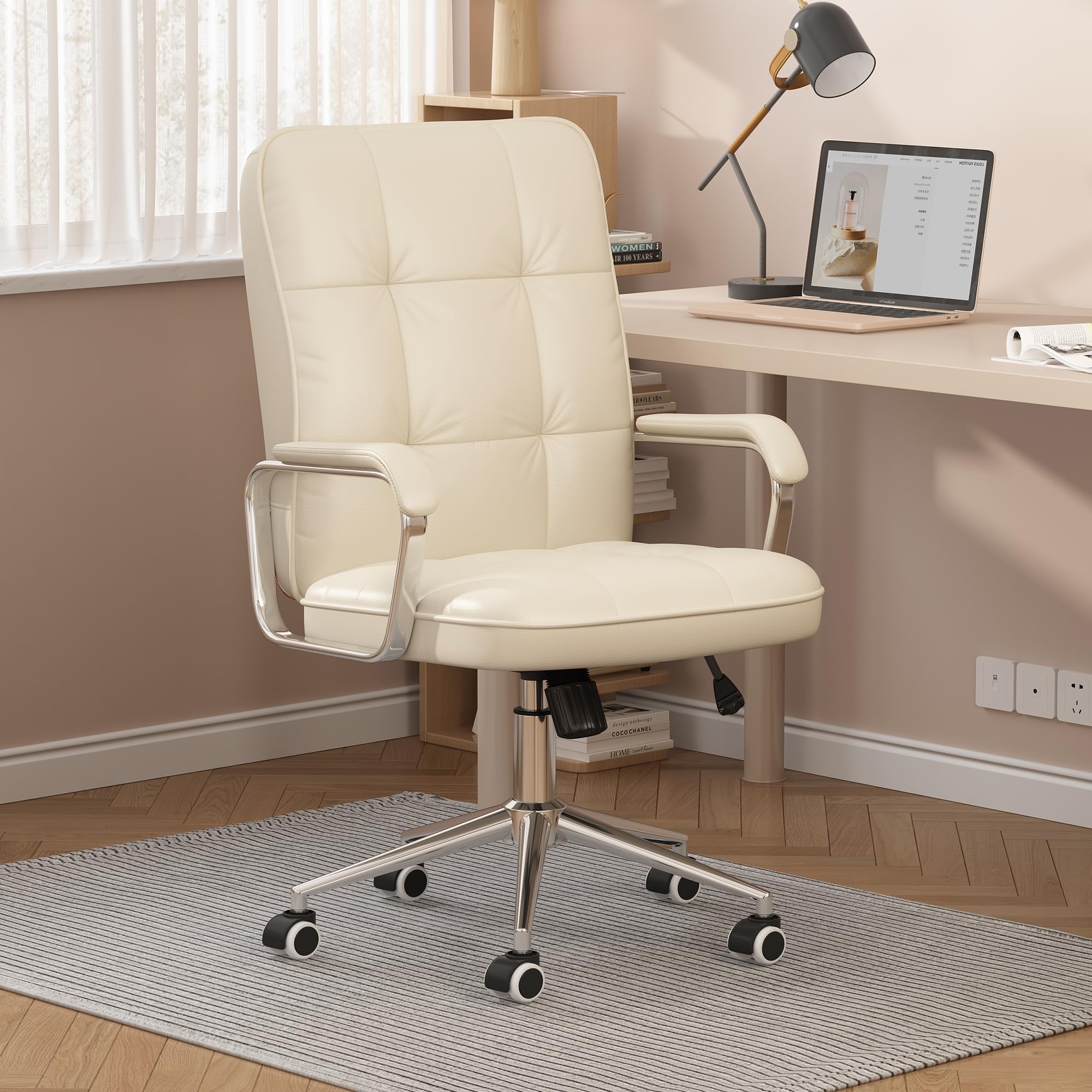 HomeZeer Home Office Desk Chair, Swivel Computer Desk Chair with Wheels and Padded Arms, Soft Leather, Adjustable Height and Tilt (White)