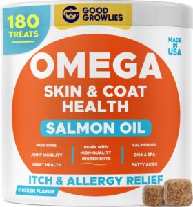 goodgrowlies omega 3 alaskan fish oil treats for dogs (120 ct) - dry&itchy skin + allergy - shiny coats - epa&dha fatty acids - natural salmon oil chews - anchovy