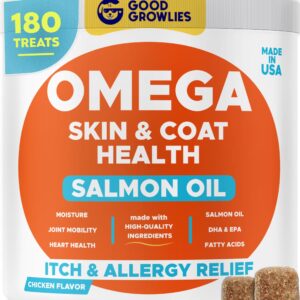 GOODGROWLIES Omega 3 Alaskan Fish Oil Treats for Dogs (120 Ct) - Dry&Itchy Skin + Allergy - Shiny Coats - EPA&DHA Fatty Acids - Natural Salmon Oil Chews - Anchovy