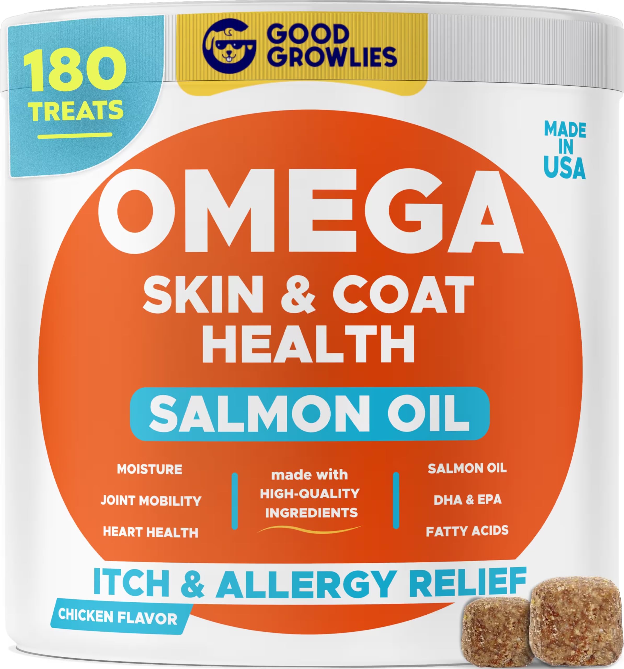 GOODGROWLIES Omega 3 Alaskan Fish Oil Treats for Dogs (120 Ct) - Dry&Itchy Skin + Allergy - Shiny Coats - EPA&DHA Fatty Acids - Natural Salmon Oil Chews - Anchovy