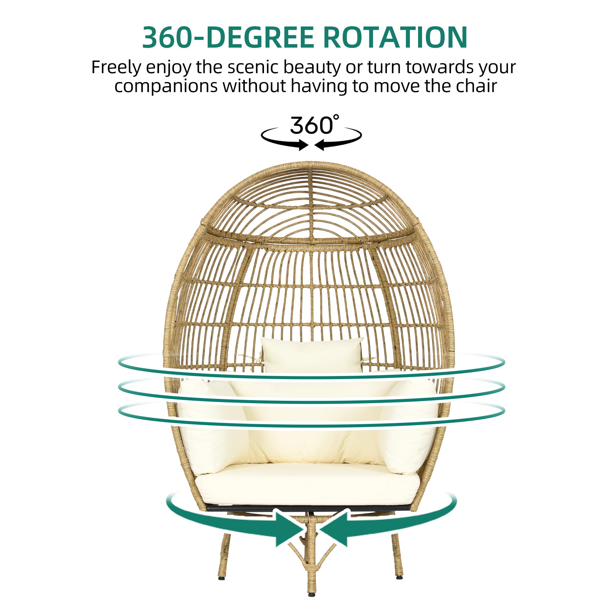 YITAHOME 360° Swivel Egg Chair Outdoor, 400lbs Capacity Oversized Patio Rotating Basket Chair, All-Weather Wicker Egg Lounger Chair for Outside Indoor (Beige)