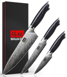 shan zu 3pcs kitchen knife set,chef knife set in powder steel, ultra sharp japanese knife set high carbon steel knives sets, cooking knives set with ergonomic pakkawood handle