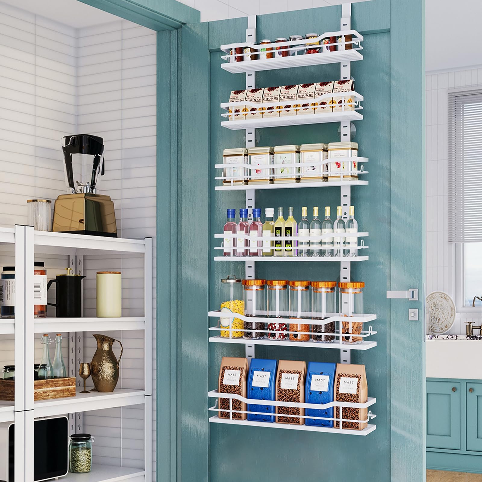 Eastherry Over The Door Pantry Organizer，6-Tier Over The Door Organizer with Adjustable Basket，Metal Hanging Pantry Organizers and Storage for Kitchen, Back of Door Seasoning Rack (White)