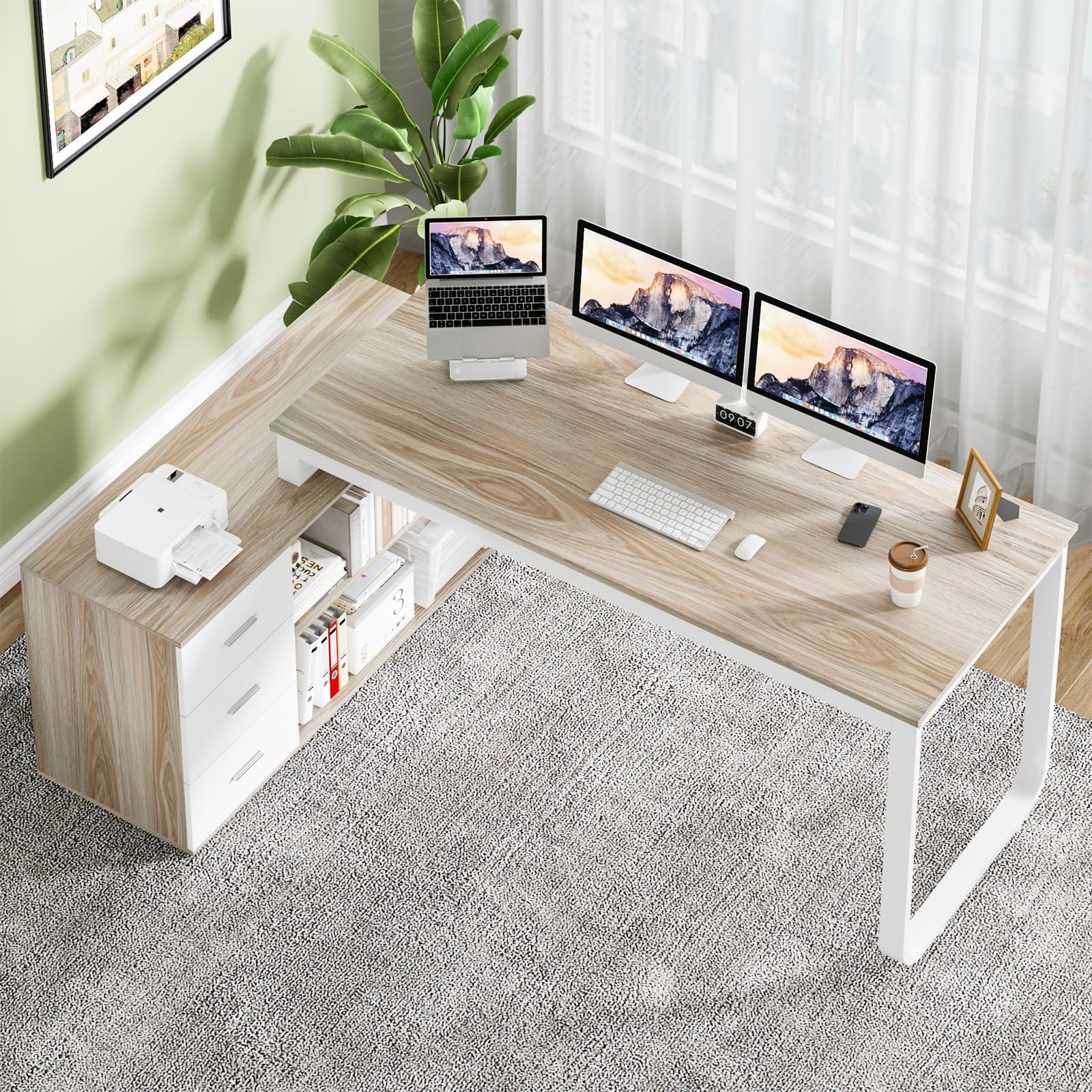 HOMBCK Home Office Computer Desk with 3 Drawers and Storage Shelves, 55 Inch Large L Shaped Desk with Drawers & Removable Monitor Stand, Reversible Corner Desk for Working, Studying, Walnut and White