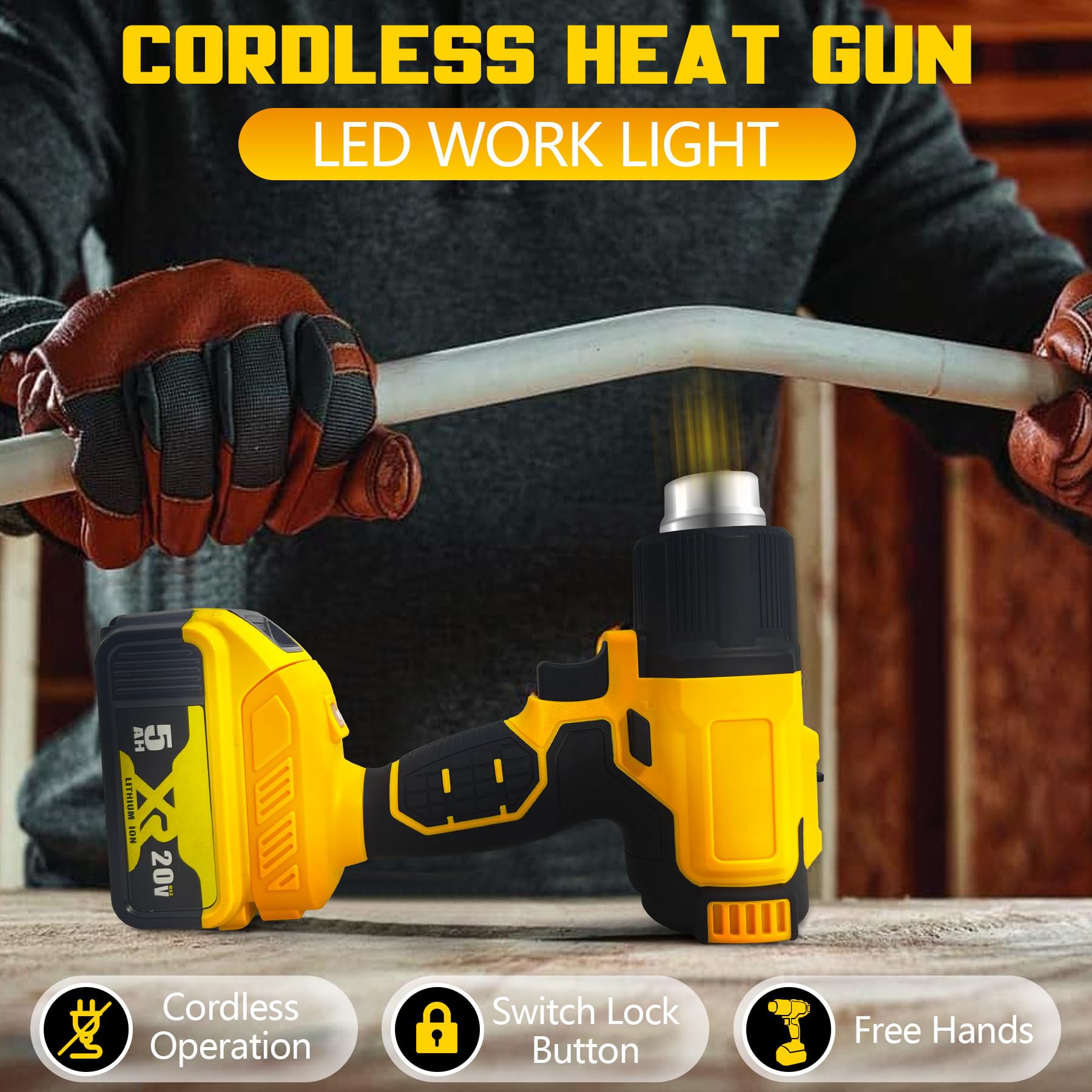 Cordless Heat Gun for Dewalt 20V Battery, Hot Air Gun Dual Temperature Settings 572°F and 1022℉ with 3 Nozzles for Crafts, Shrinking PVC, Stripping Paint, Loosen Bolts and More (No Battery)