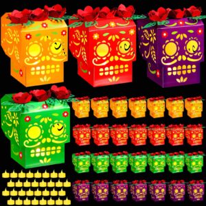 glooglitter 32 sets dia de los muertos luminary bags lanterns with flameless tea candle halloween day of the dead paper treat bags flame resistant candle box for dia de los muertos party decorations