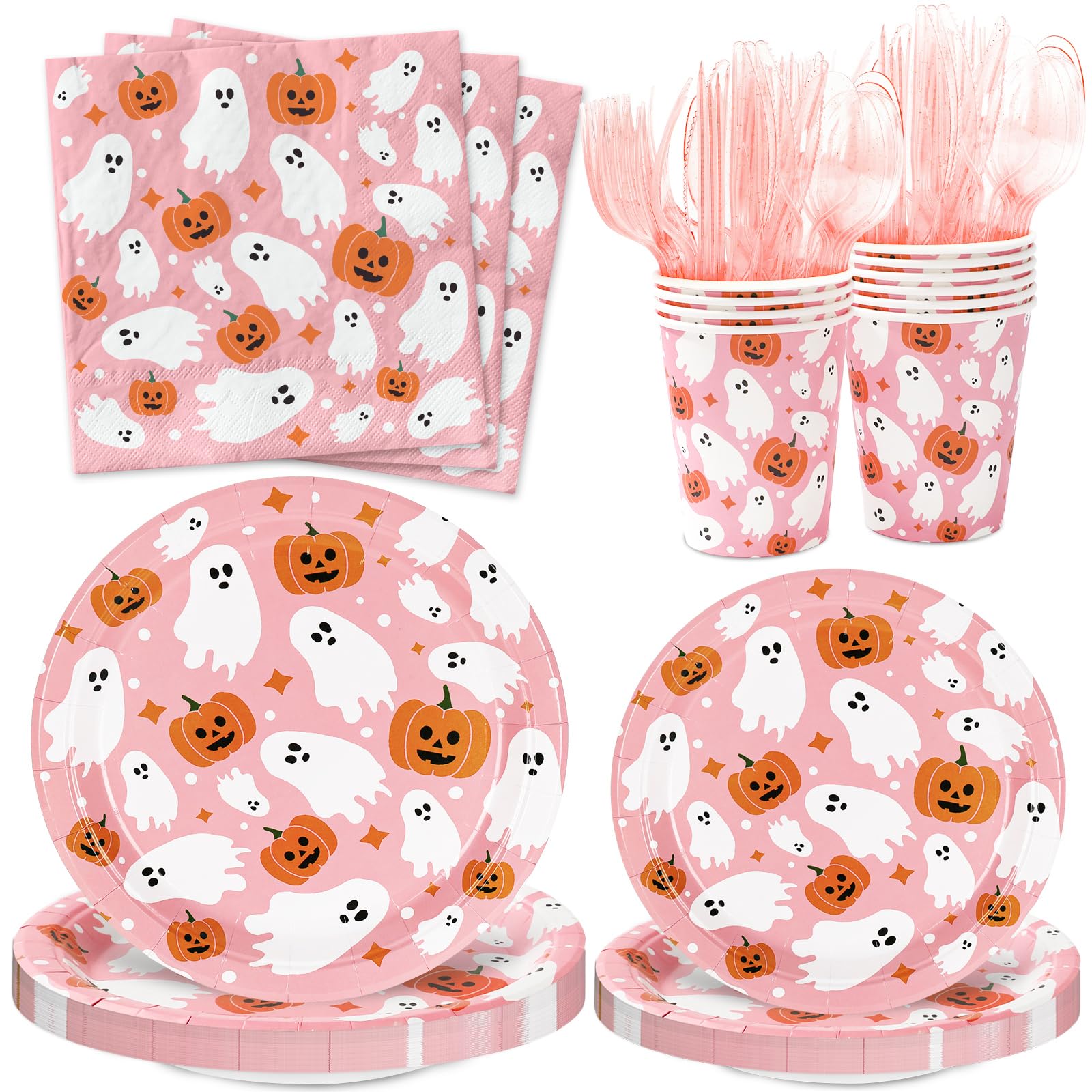 JarThenaAMCS Halloween Tableware Set Ghost Pumpkin Disposable Party Supplies Pink 9 & 7 Inch Paper Plates 6.5 Inch Napkins Cups and Cutlery for 25 Guests