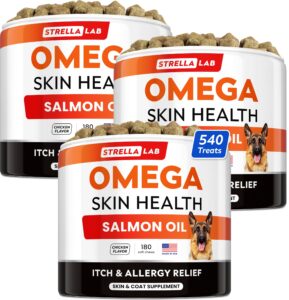 strellalab omega 3 for dogs - (540ct) fish oil treats - allergy & itch relief skin&coat supplement - dry itchy skin, shedding, hot spots treatment, anti itch - pet salmon oil chews - chicken flavor