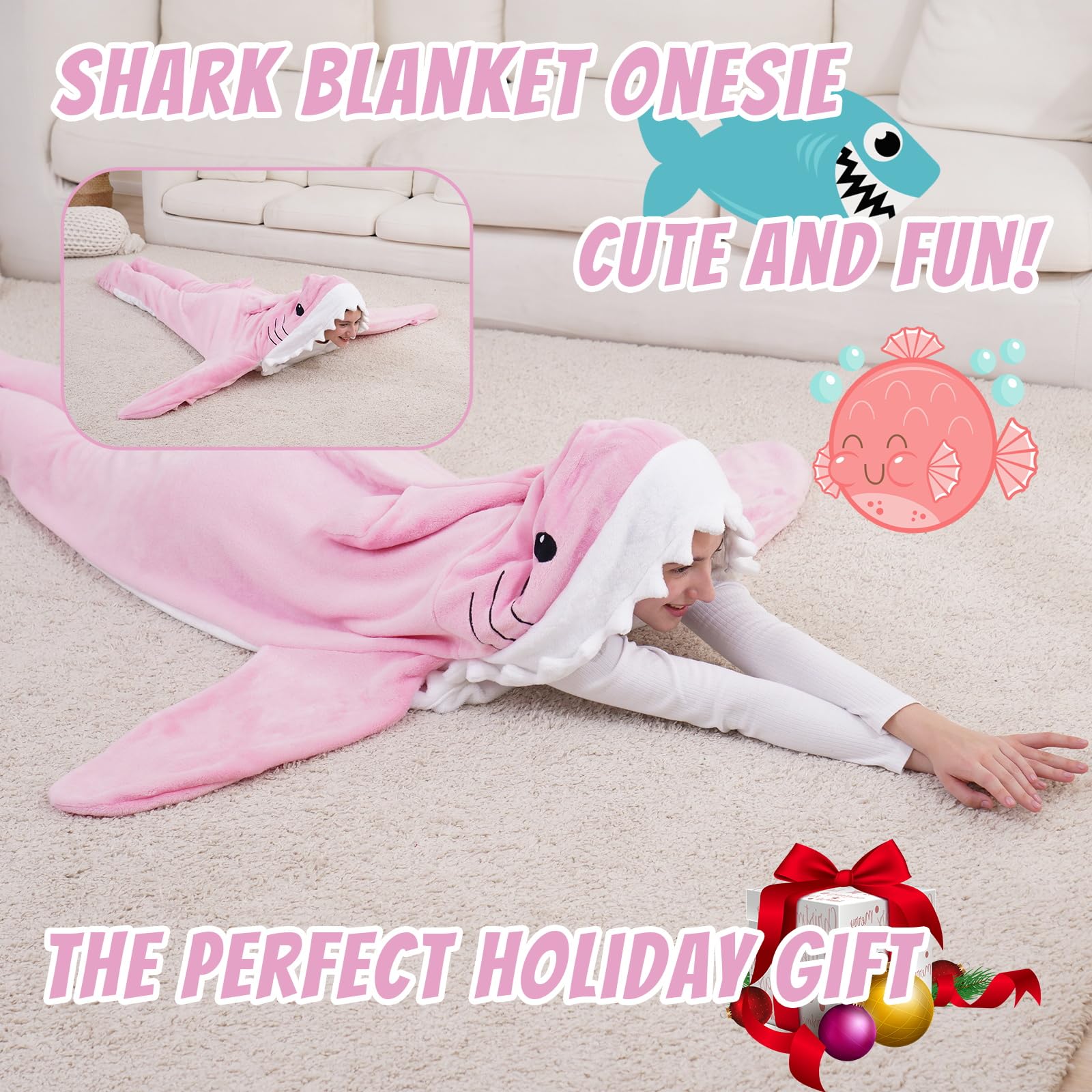 Shark Blanket for Adult Kids - Wearable Shark Blanket Hoodie,Cartoon Animals One-piece Blanket,Cute Funny Blue Shark Flannel Hoodie for Boys Girls Interesting Blanket Gifts(New Pink)-M