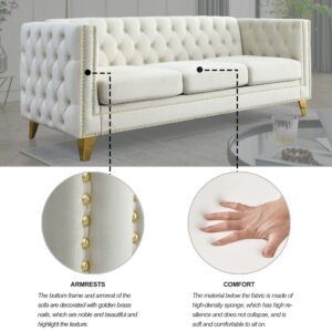 BUIORD Modern 81" 3-Seater Velvet Sofa,Buttons Tufted and Square Arm,Inlaid Gold Nail Heads and 4 Golden Metal Legs for Living Room (Beige, 81" 3-Seater Sofa)