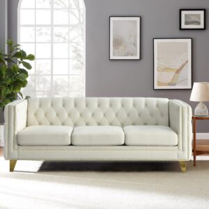 buiord modern 81" 3-seater velvet sofa,buttons tufted and square arm,inlaid gold nail heads and 4 golden metal legs for living room (beige, 81" 3-seater sofa)