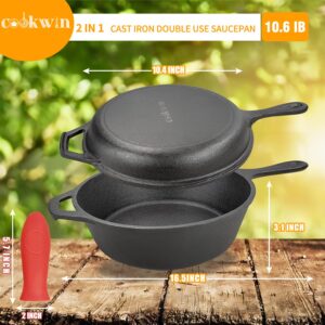 2-in-1 Dutch Oven,Cast Iron Pan(3.4QT) and Cast Iron Skillet(1.6QT) Unite,Cast Iron Pan with Lid,Preseasoned Cast Iron Pots and Pans Set,All-in-One Cast Iron Cookware Set for camping lodge or RV…