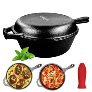 2-in-1 dutch oven,cast iron pan(3.4qt) and cast iron skillet(1.6qt) unite,cast iron pan with lid,preseasoned cast iron pots and pans set,all-in-one cast iron cookware set for camping lodge or rv…