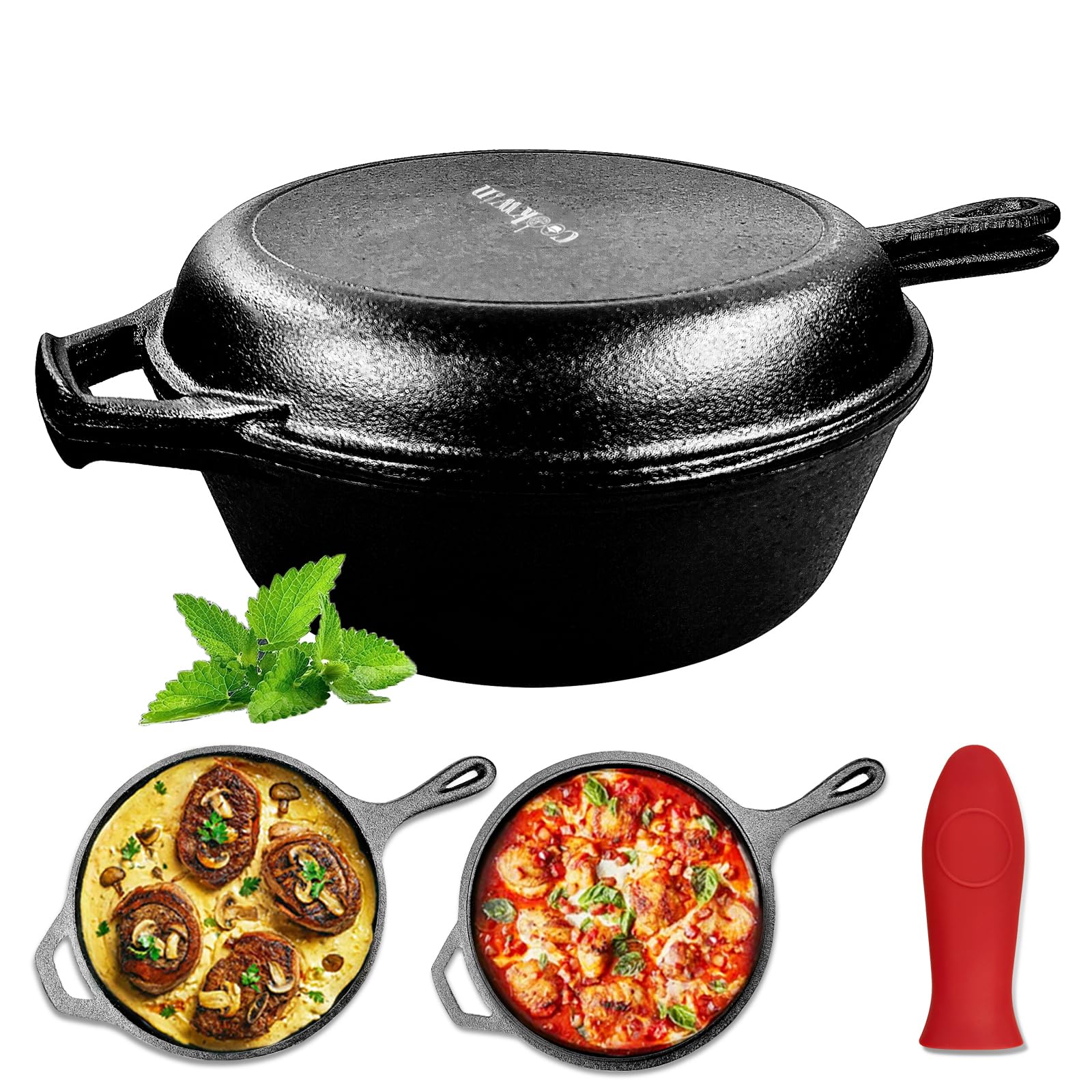 2-in-1 Dutch Oven,Cast Iron Pan(3.4QT) and Cast Iron Skillet(1.6QT) Unite,Cast Iron Pan with Lid,Preseasoned Cast Iron Pots and Pans Set,All-in-One Cast Iron Cookware Set for camping lodge or RV…