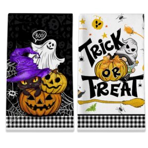 unibyby halloween kitchen towels, halloween pumpkin towels set of 2, trick or treat dish towels for kitchen with black cat and ghost buffalo plaid decorations for home, 18x28 inches