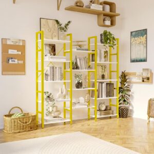 Breezestival 5 Shelf Bookcase, Corner Bookshelf Industrial Bookshelves, Wide Book Shelf with Metal Frame Open Storage Corner Cabinet for Living Room Home Office, Display Storage Rack, Golden