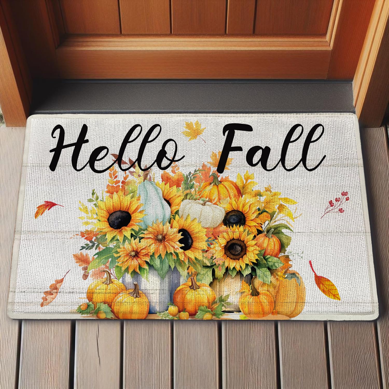 Bnwepo Fall Door Mat Autumn Doormats, Fall Welcome Mat, Hello Fall, Kitchen Mat Pumpkin Sunflower House Outdoor Mat, Farmhouse Front Door Porch Outdoor Indoor 17 x 30 Inch