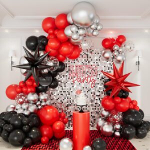 red and black balloon garland arch kit, 146pcs red black and metallic silver balloons with red and black exploding star foil balloons for graduation birthday party decorations