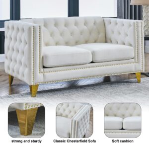 BUIORD Modern 81" 3-Seater Velvet Sofa,Buttons Tufted and Square Arm,Inlaid Gold Nail Heads and 4 Golden Metal Legs for Living Room (Beige, 81" 3-Seater Sofa)