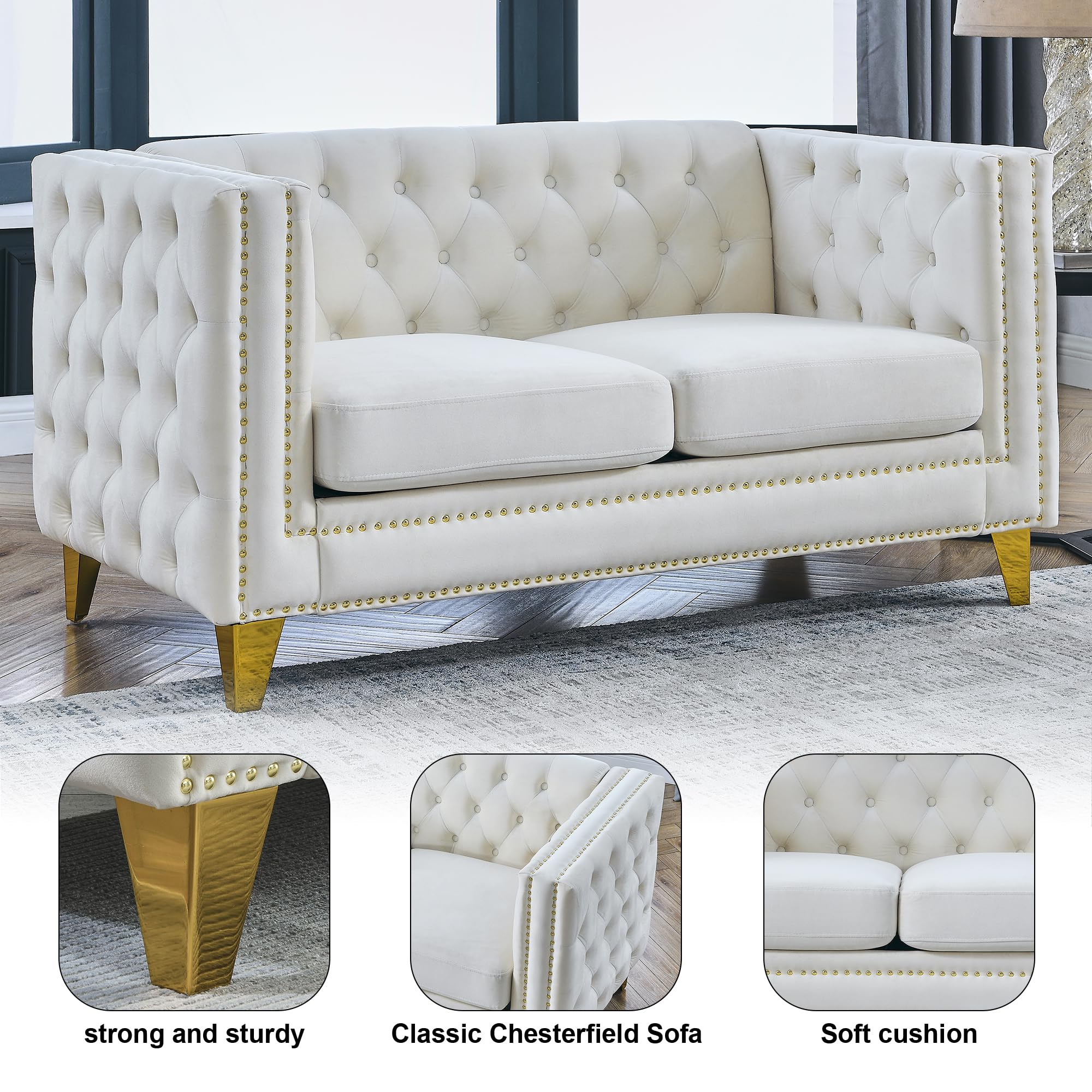 BUIORD Modern 81" 3-Seater Velvet Sofa,Buttons Tufted and Square Arm,Inlaid Gold Nail Heads and 4 Golden Metal Legs for Living Room (Beige, 81" 3-Seater Sofa)