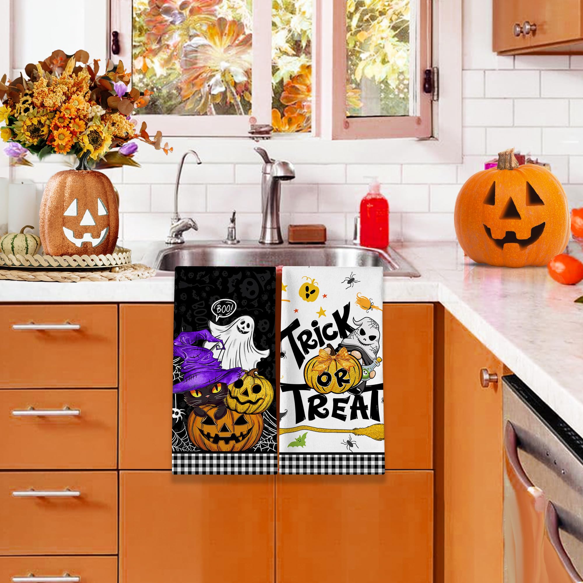 Unibyby Halloween Kitchen Towels, Halloween Pumpkin Towels Set of 2, Trick or Treat Dish Towels for Kitchen with Black Cat and Ghost Buffalo Plaid Decorations for Home, 18x28 Inches