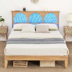 idealhouse full bed frame with rattan headboard - full size bed frame with led lights, boho platform bed frame full size with wooden support legs,no box spring needed/noise-free/easy assembly