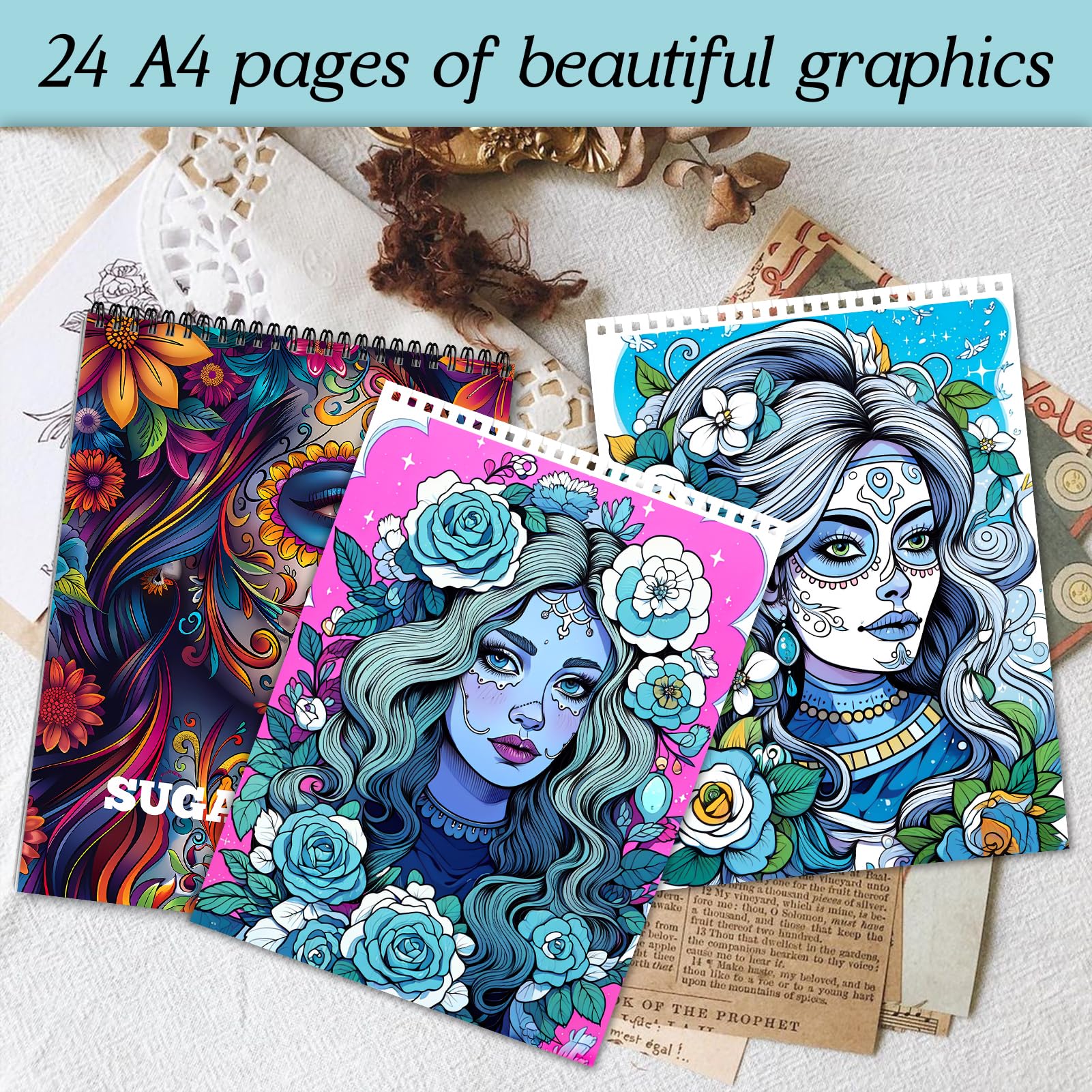 Sugar Skull Women Coloring Book for Adult Women Relaxation, Spiral Bound, Printed Single-Sided, Anxiety and Depression 24 Pages Coloring Book Arts and Crafts Sugar Skull Gift for Adult Women