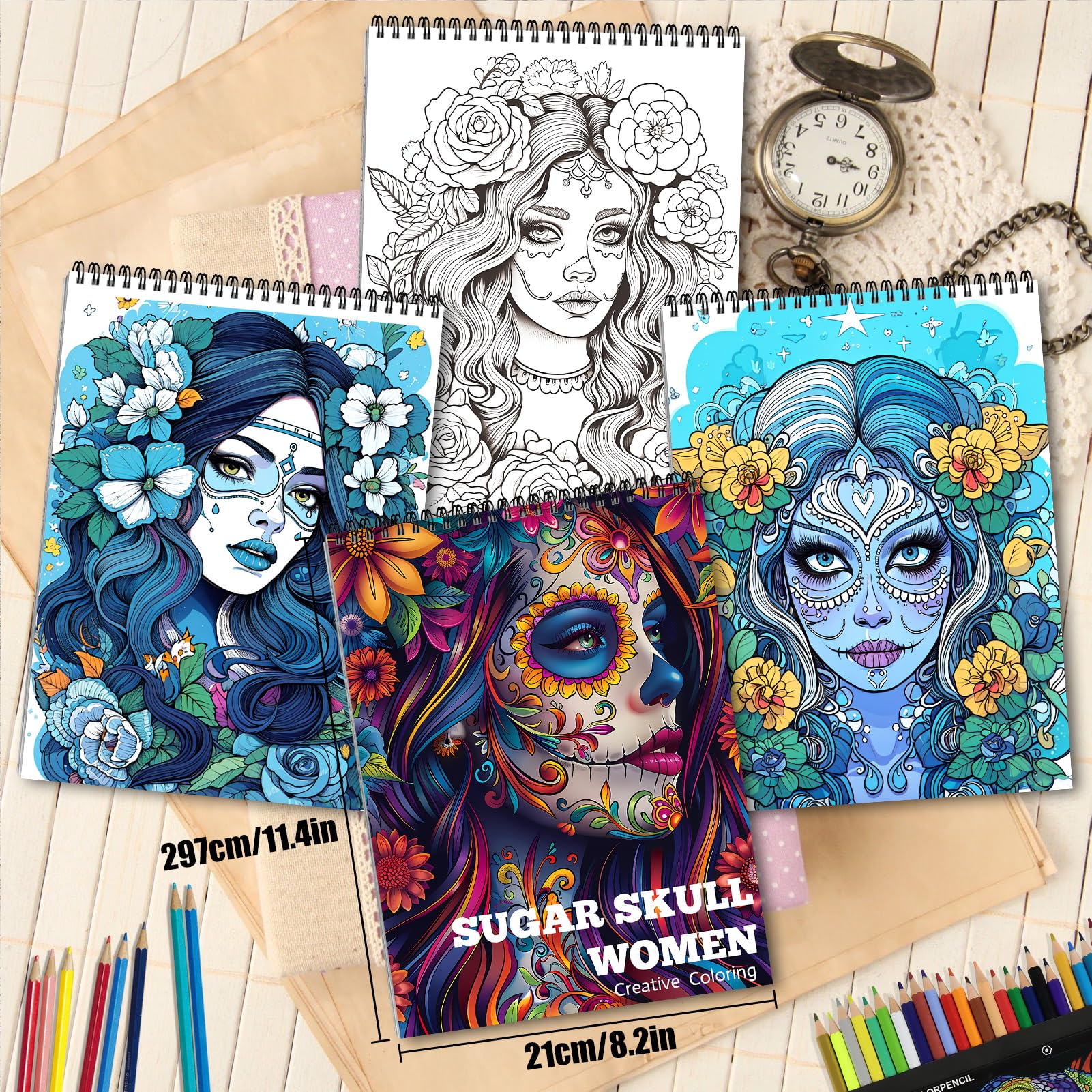 Sugar Skull Women Coloring Book for Adult Women Relaxation, Spiral Bound, Printed Single-Sided, Anxiety and Depression 24 Pages Coloring Book Arts and Crafts Sugar Skull Gift for Adult Women