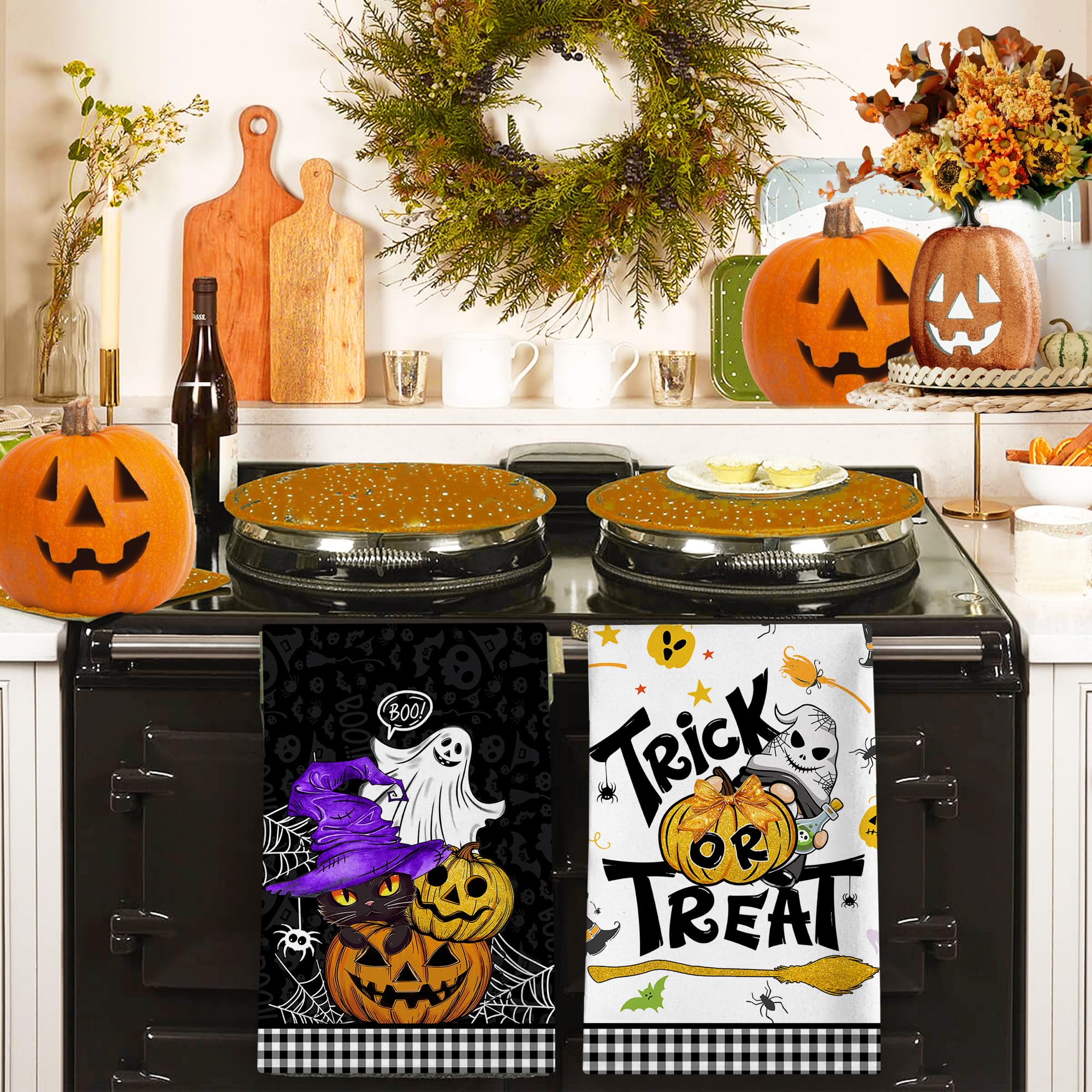 Unibyby Halloween Kitchen Towels, Halloween Pumpkin Towels Set of 2, Trick or Treat Dish Towels for Kitchen with Black Cat and Ghost Buffalo Plaid Decorations for Home, 18x28 Inches