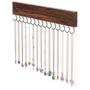 lolalet wooden necklace holder for wall with 15 hooks, necklaces hanger easy install wall mount necklace organizer, jewelry hangers for chains, bracelets, earrings -brown