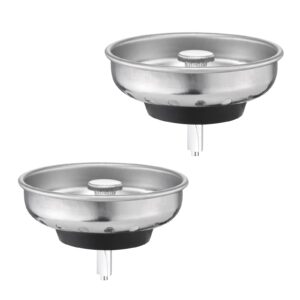 adkadi 2 pack kitchen sink strainer and stopper combo - stainless steel basket with plastic knob and rubber stopper bottom, fits standard 3-1/2 inch drains