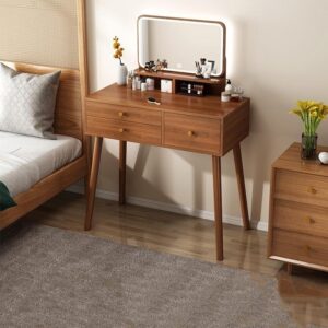 aeumruch walnut vanity desk，with 3 level led light and 3 drawers ，2 shevels，the best choice for small space bedrooms (with led light, 39.4inch)