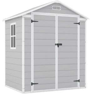 patiowell 6x4 ft plastic outdoor storage shed-perfect to store patio furniture, gardentools bike accessories, beach chairs and lawn mower, white & grey