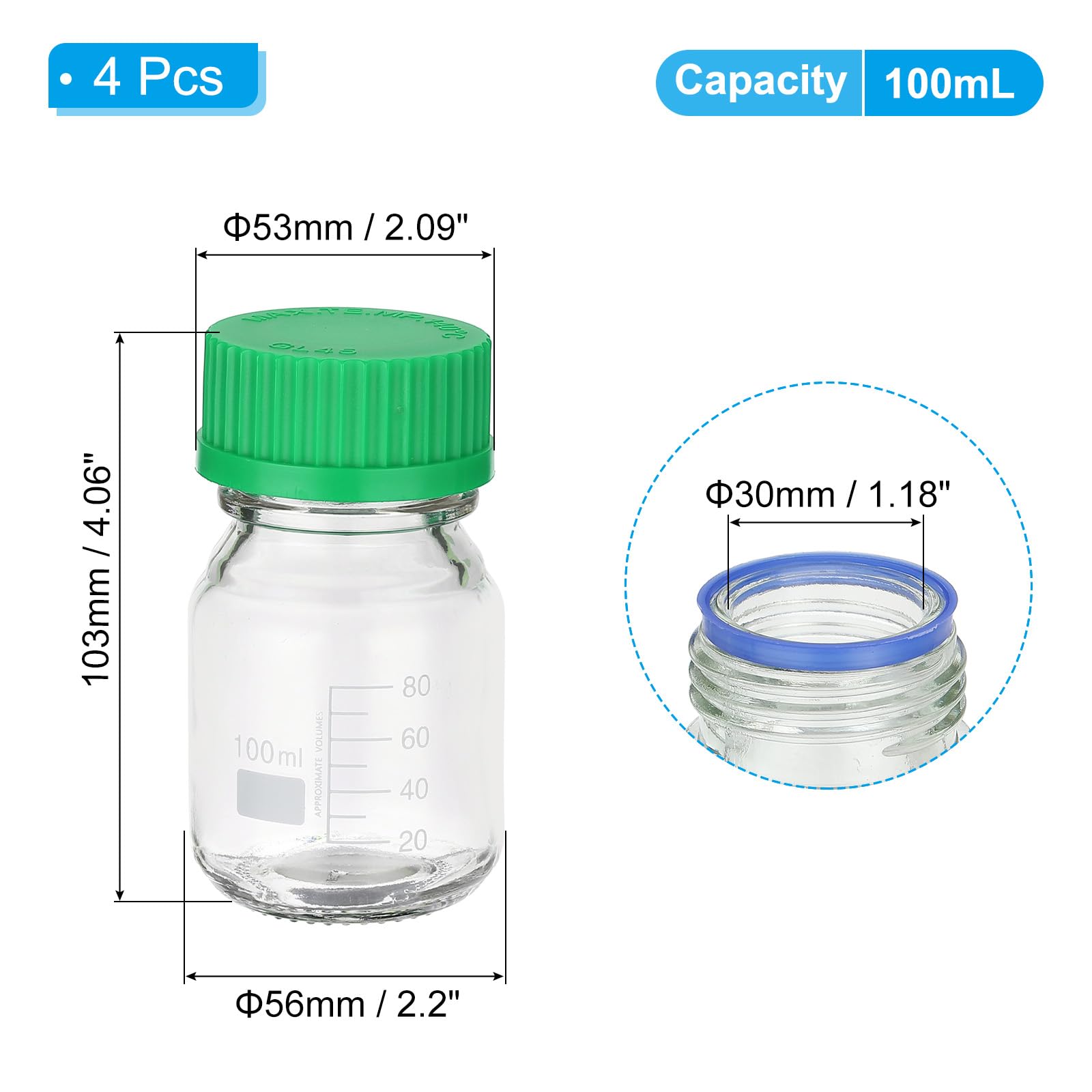 PATIKIL 4 Pack Reagent Media Storage Bottles, 100ml Borosilicate Glass Graduated Round Bottles with GL32 Green Screw Cap for Lab Water Reagent Liquids, Clear