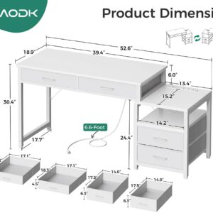 AODK Computer Desk with 4 Drawers and USB Power Outlets, Reversible Home Office Desk with Printer Stand, Small Desk with Storage Shelf, Study Writing Work Table for Bedroom, Vanity Desk, White, 53"