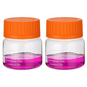 patikil 2 pack reagent media storage bottles, 250ml borosilicate glass wide mouth graduated round bottles with orange gl32 screw cap for lab water reagent liquids, clear