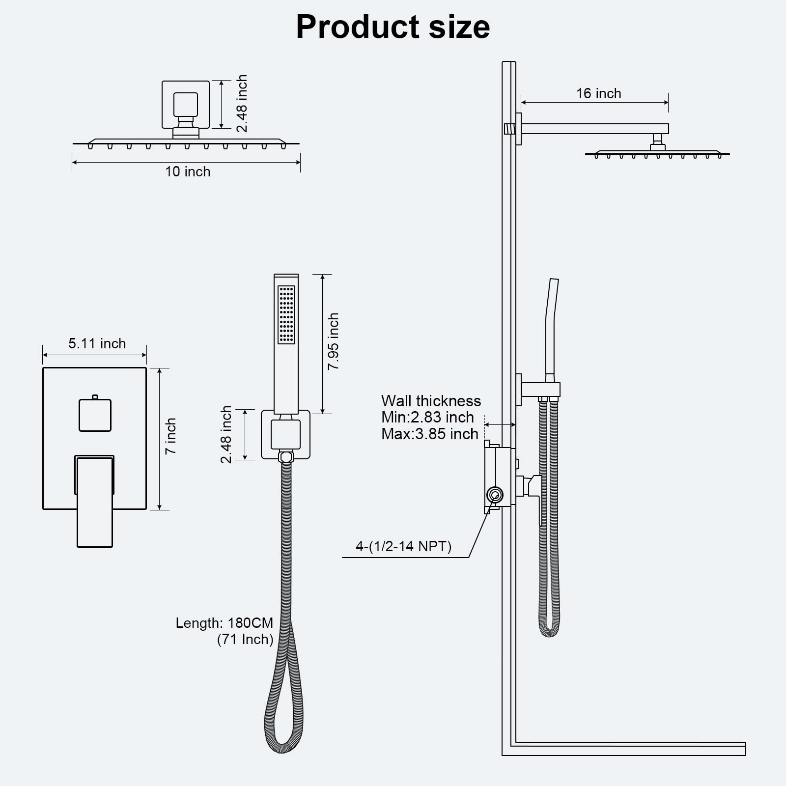 FPXRNG Black Shower Faucet Set, Rainfall Shower System with Rain Shower Head and Handle Set, Wall Mounted Shower Fixtures, Full Metal Trim Repair Kit 10 inch Matte Black (With Shower Valve)