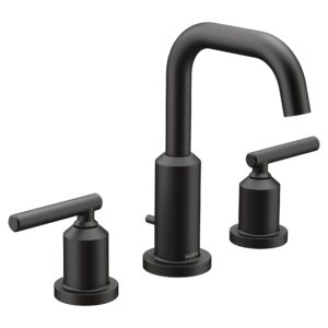 moen gibson matte black two-handle high arc widespread bathroom sink faucet for 3-hole setups with valve included, tv6142bl